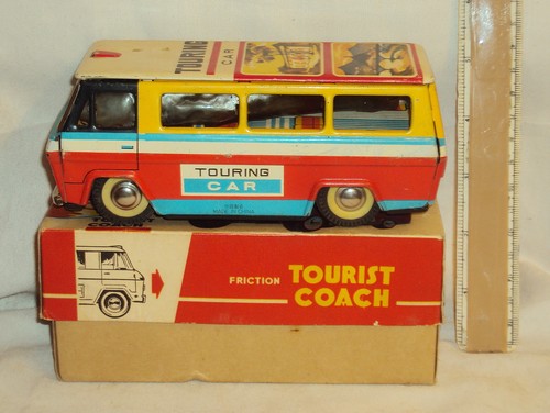 VINTAGE FRICTION TIN PLATE TOY TOURING CAR TOURIST COACH SCHIZO ...