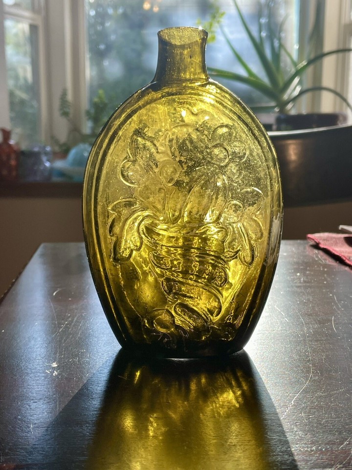 ANTIQUE CORNUCOPIA/URN WITH FRUITS OLIVE GREEN FLASK/BOTTLE 6 3/4 TALL ...