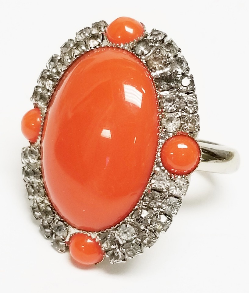 Vintage High End Rhinestone & Faux Coral Oval Shape Silver Tone ...