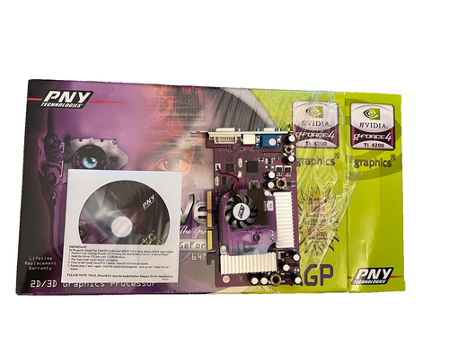PNY Nvidia GeForce 4 TI 4200 AGP GPU video card + box, manual & driver ...