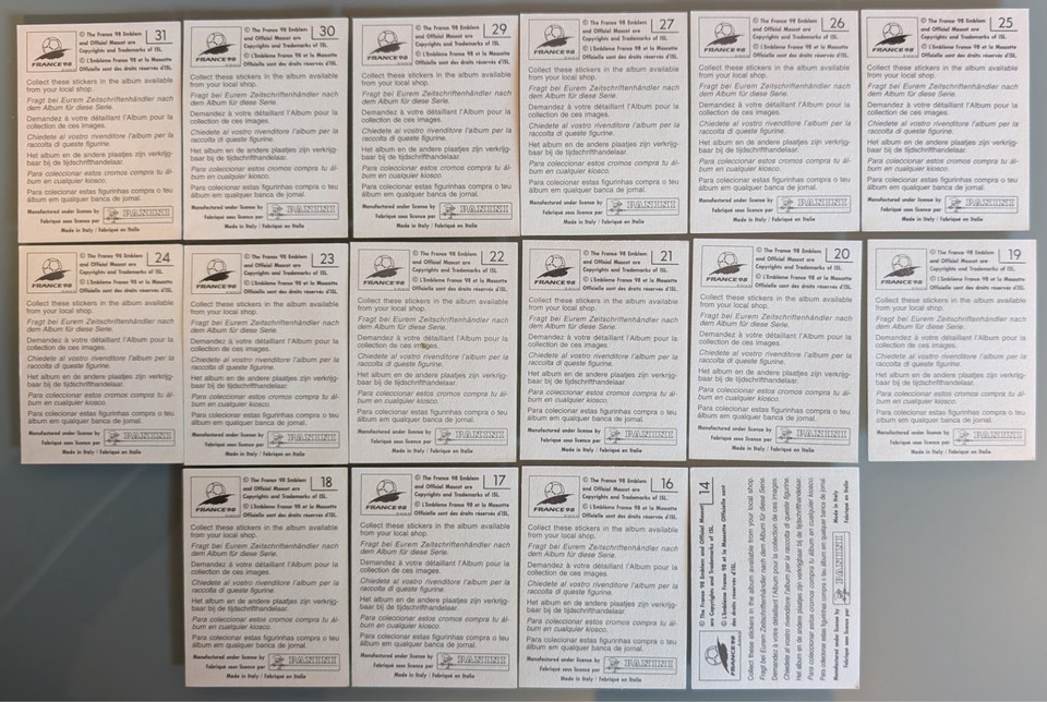 SET 16 Figurine Stickers Squadra TEAM BRASIL PANINI WC FRANCE 98 1998 ...
