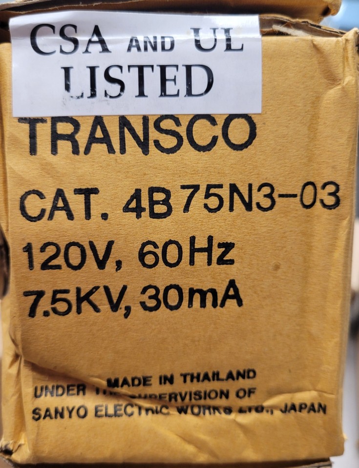Transco 4B75N3-03 Neon Tube Light Transformer 7.5KV Pri: 120V Sec ...