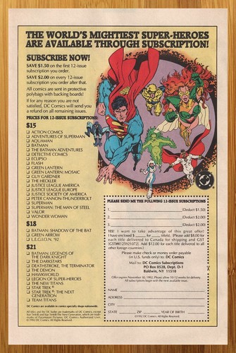 1992 DC Comics Subscription Print Ad/Poster Superman Justice League ...
