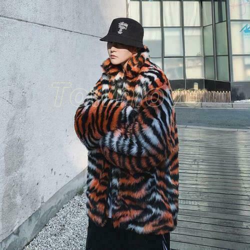 Men's Winter Stand Collar Faux Fur Tiger Stripes Jackets Thicken Padded ...