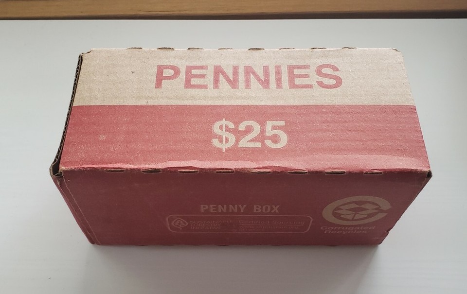 Bank Sealed 2500 Lincoln Cent Penny Box. Unsearched 50 Rolls Wheat, Unc ...