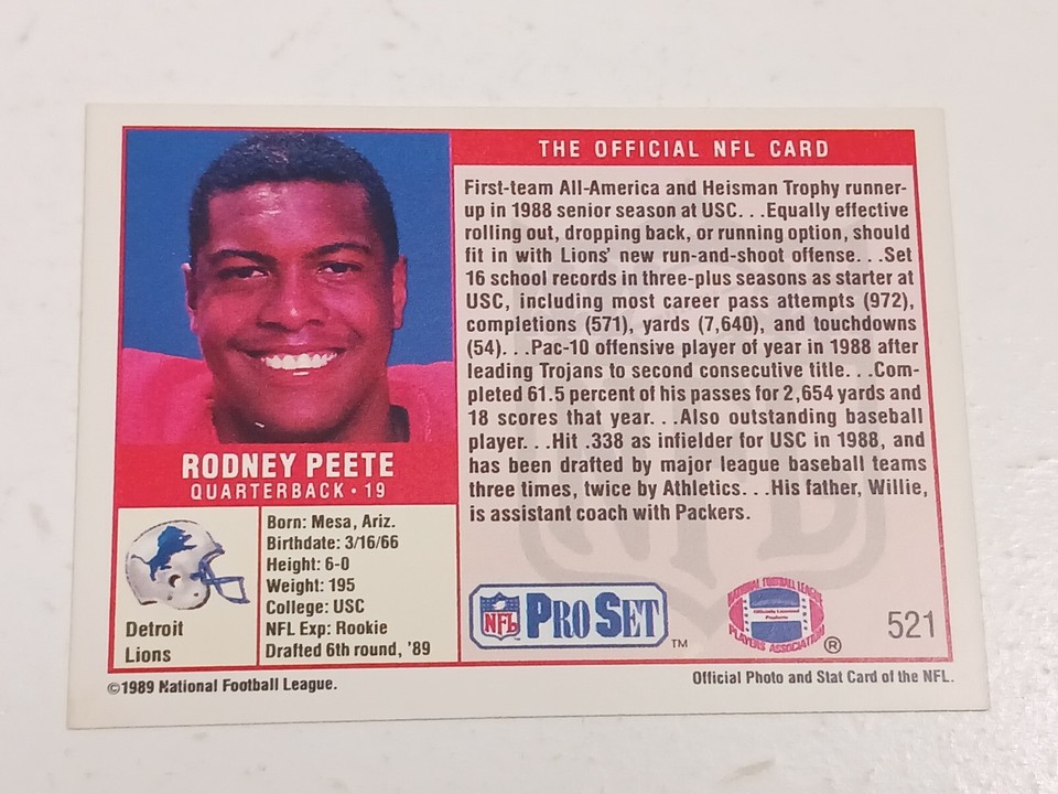 Rodney Peete Detroit Lions 1989 Pro Set Rookie Card #521 | eBay