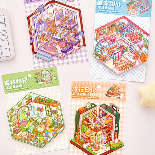 4Set 3D Cabin Scene Sticker ﻿DIY Stacking Pasting Stickers Hand Account ...