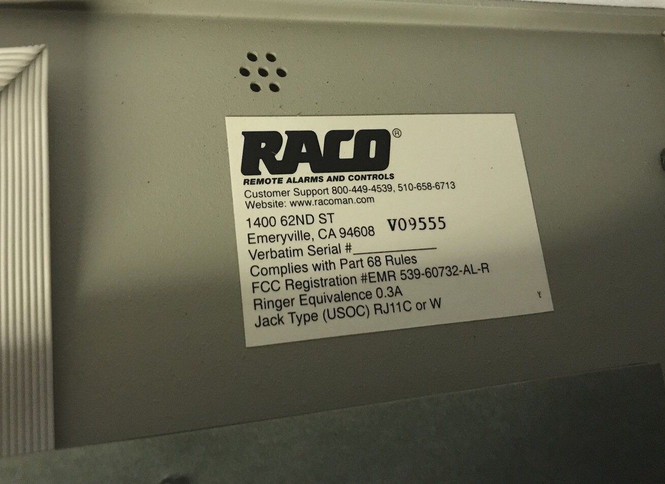 RACO VERBATIM Series VSS Remote Alarm Dialing Monitor SS Message ...