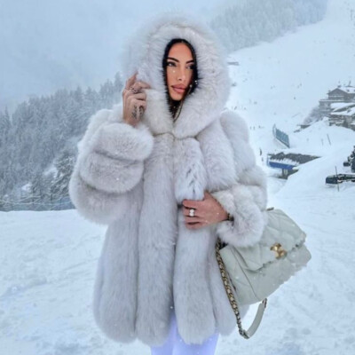 White Real Fox Fur Coat Hood Winter Warm Mid-length Jacket Fluffy Thick ...