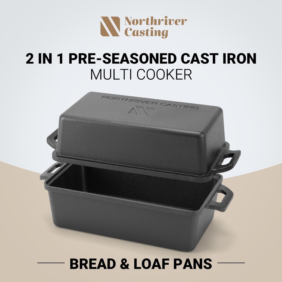 9×5 Inch Cast Iron Loaf Pan with Lid | Bread Baking Pans | Even Heat ...