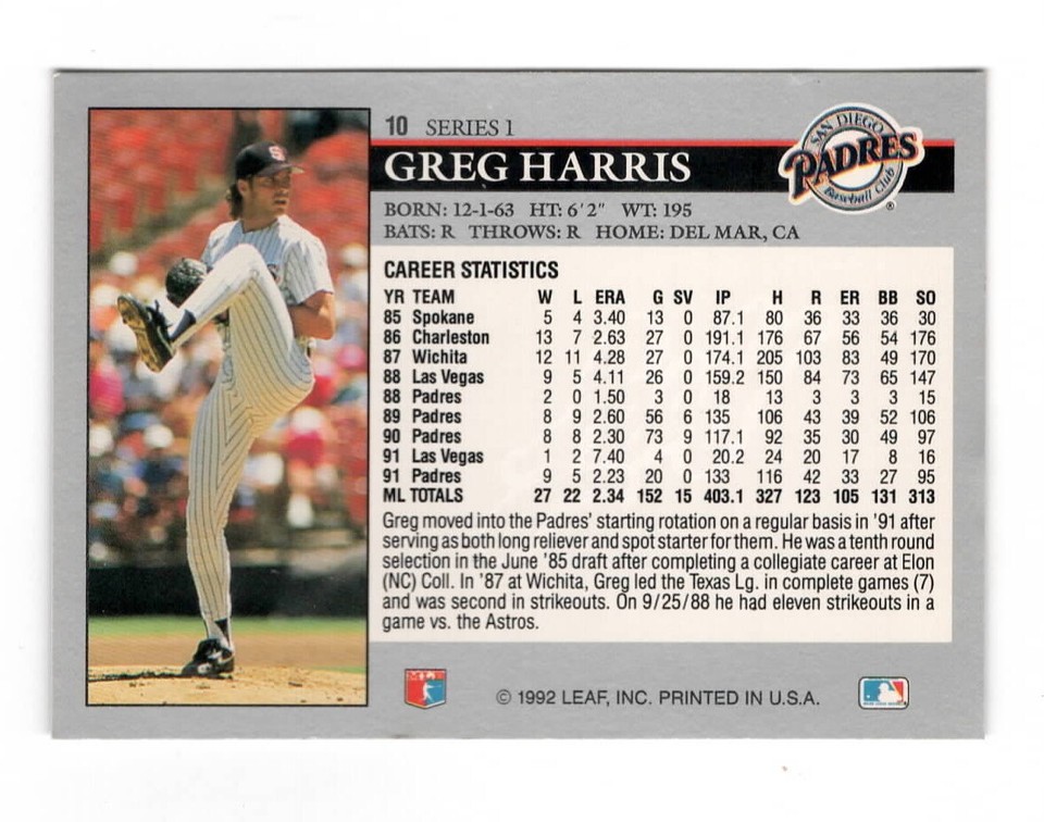 1992 Leaf #10 Greg Harris Excellent | eBay
