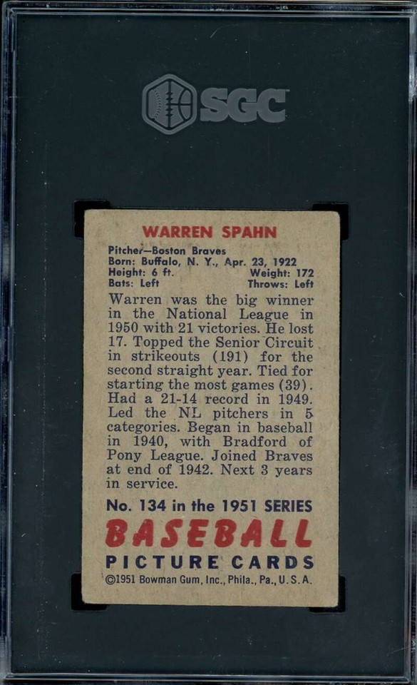Warren Spahn Card 1951 Bowman #134 SGC 2 373270540836| eBay