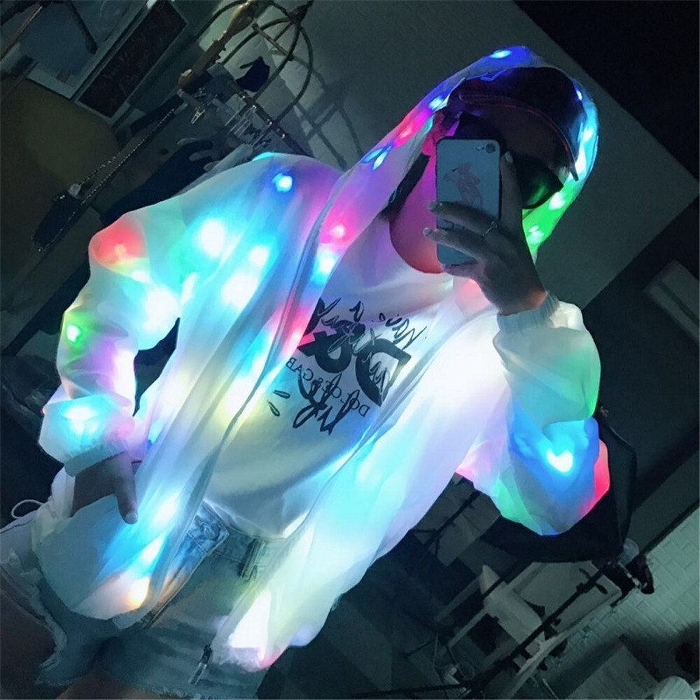 LED Light Up Luminous Coat Hooded DJ Jacket Women Men's Outwear ...