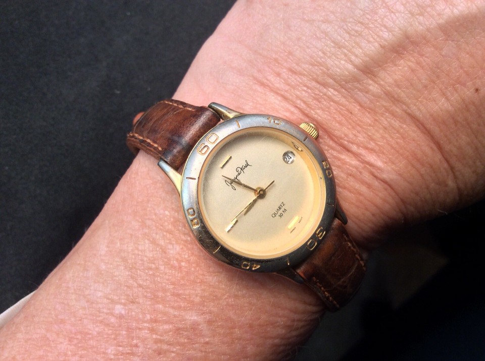 Vintage Jacques Farel Watch with Brown Leather Band & Date Window Works ...