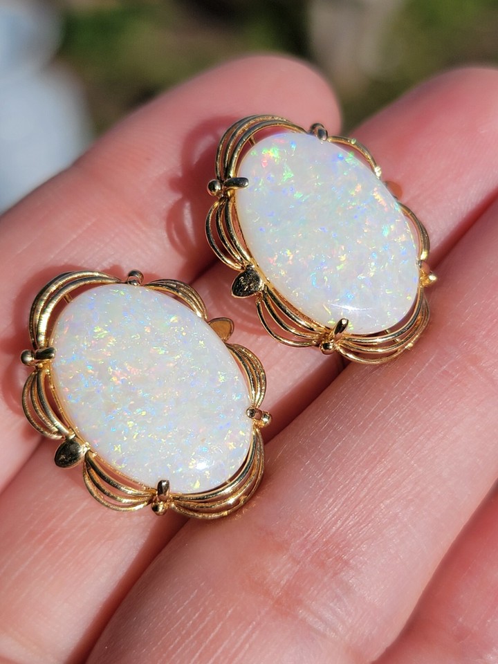 14K YELLOW GOLD OPAL EARRINGS OMEGA BACKS | eBay
