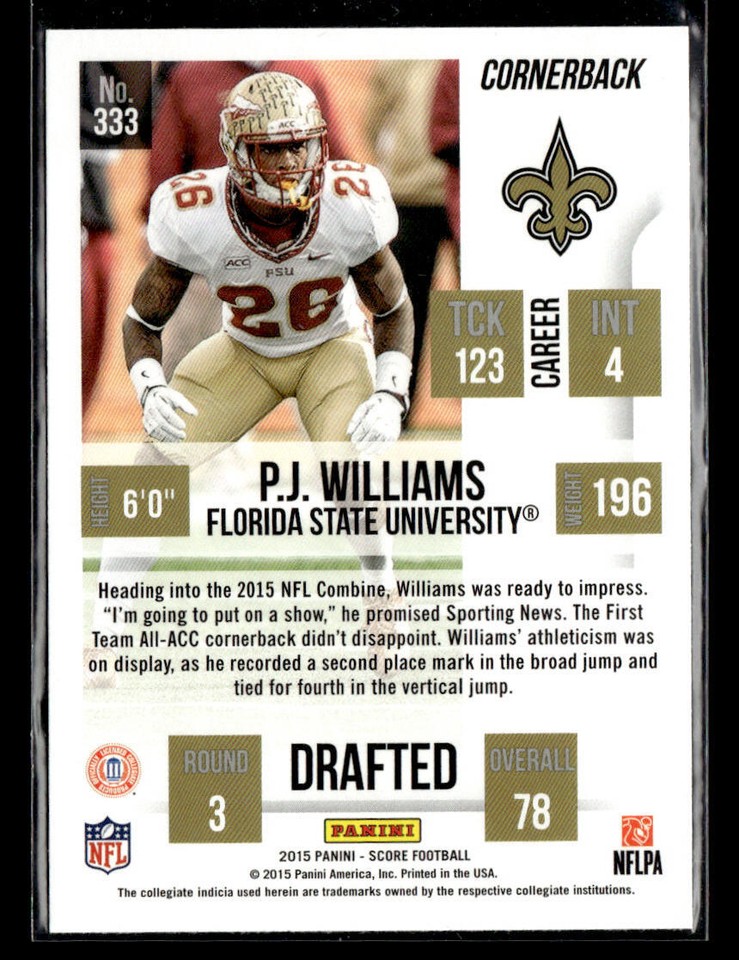 2015 Score #333 P.J. Williams Rookie card | eBay