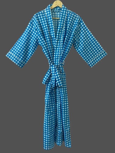 Indian Handmade Turquoise Checks Print Kimono Cotton Bath Robes Maxi ...