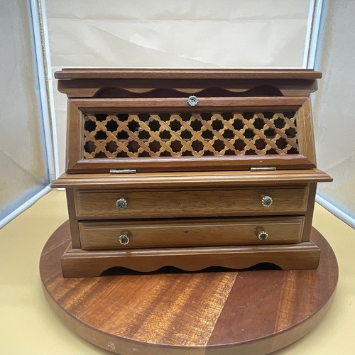 Vtg Wood Slant Front Secretary Jewelry Box 4 Compartments Mirror *MAKE ...
