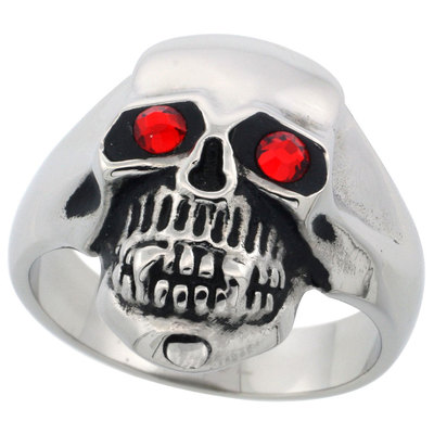 Stainless Steel Happy Smiling Skull Biker Ring w/ Flaming Red CZ Stones ...