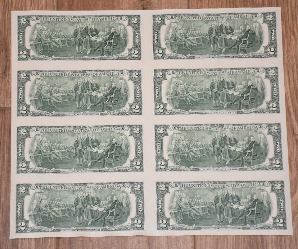$2 UNCUT SHEET TWO DOLLAR BILLS $2x8 2013 UNITED STATES CURRENCY MONEY ...