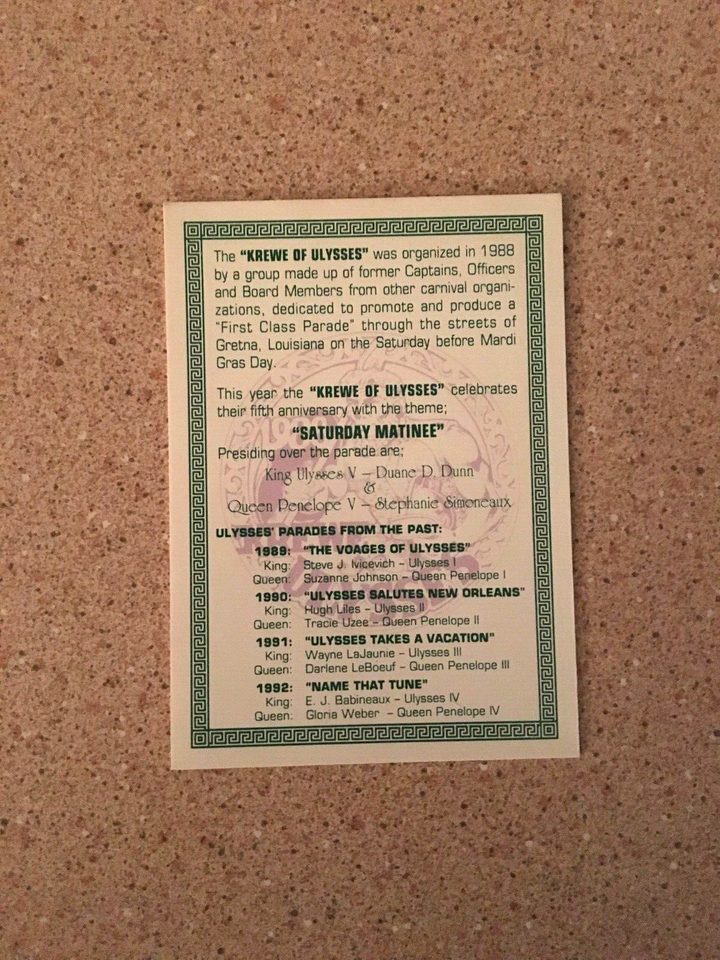 VINTAGE 1993 KREWE OF ULYSSES MARDI GRAS CARD OLD NEW ORLEANS | eBay