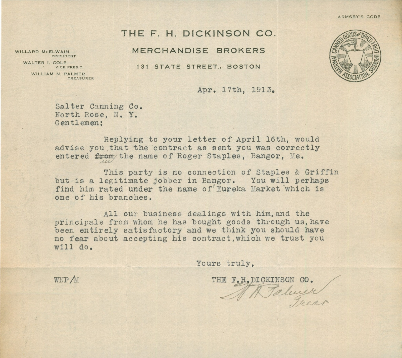 1913 F H Dickenson Merchandise Brokers Dried Fruit Canned Goods Boston ...