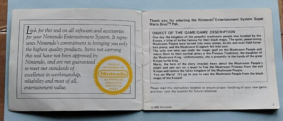 Nintendo NES Super Mario Bros. 1985 Instruction Booklet, Manual, No ...