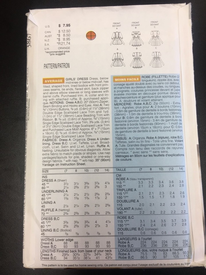 Butterick #3867 Girls' Dress - Sizes 7-8-10 | eBay