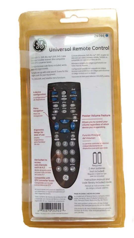 GE 24944 UNIVERSAL REMOTE CONTROL, 4 DEVICE, TV CABLE DVD BLU-RAY VCR ...