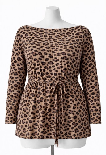 Tu Ribbed Plissé Leopard Print Top Size 26 Boat Neck Tie Waist Long ...