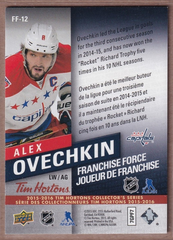 2015-16 Upper Deck Tim Hortons Franchise Force #FF12 Alexander Ovechkin ...