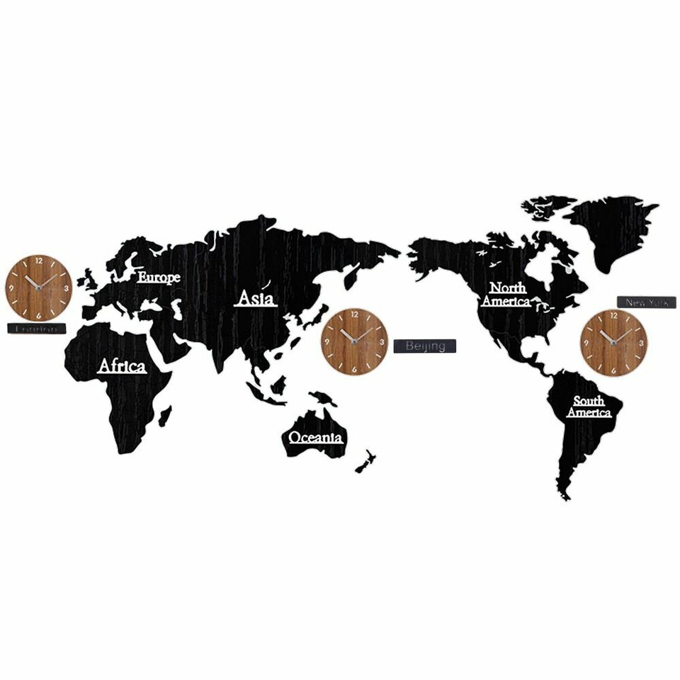 Wall Clock 3D World Map Large Wooden Digital Clock Wood Watch Modern ...