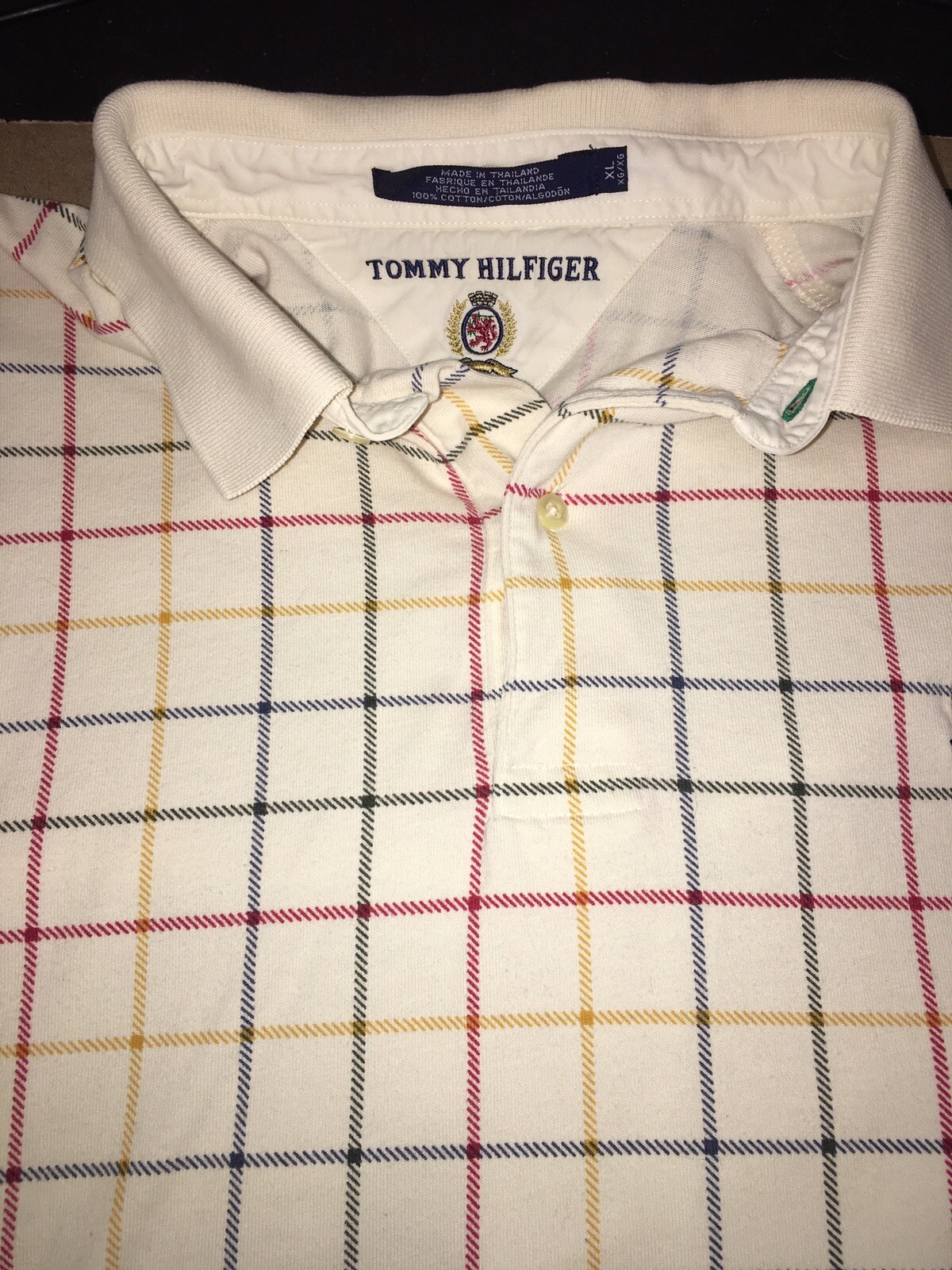 Tommy Hilfiger Rugby Shirt Long Sleeve Cream Plaid Embroidered Men's XL ...