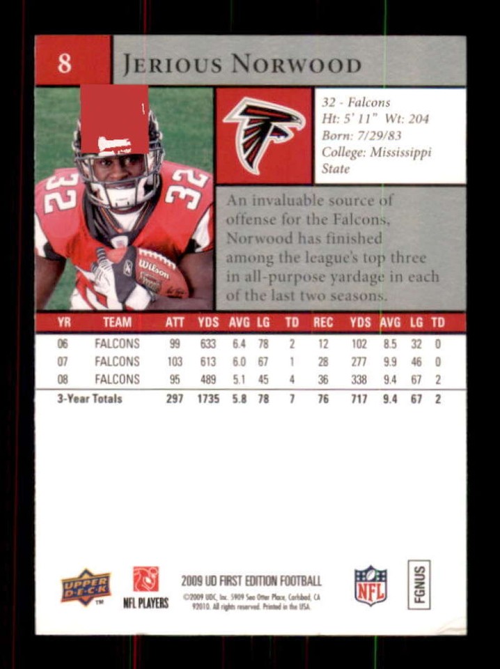 2009 Upper Deck First Edition #8 Jerious Norwood NM/NM+ Falcons 240783 ...