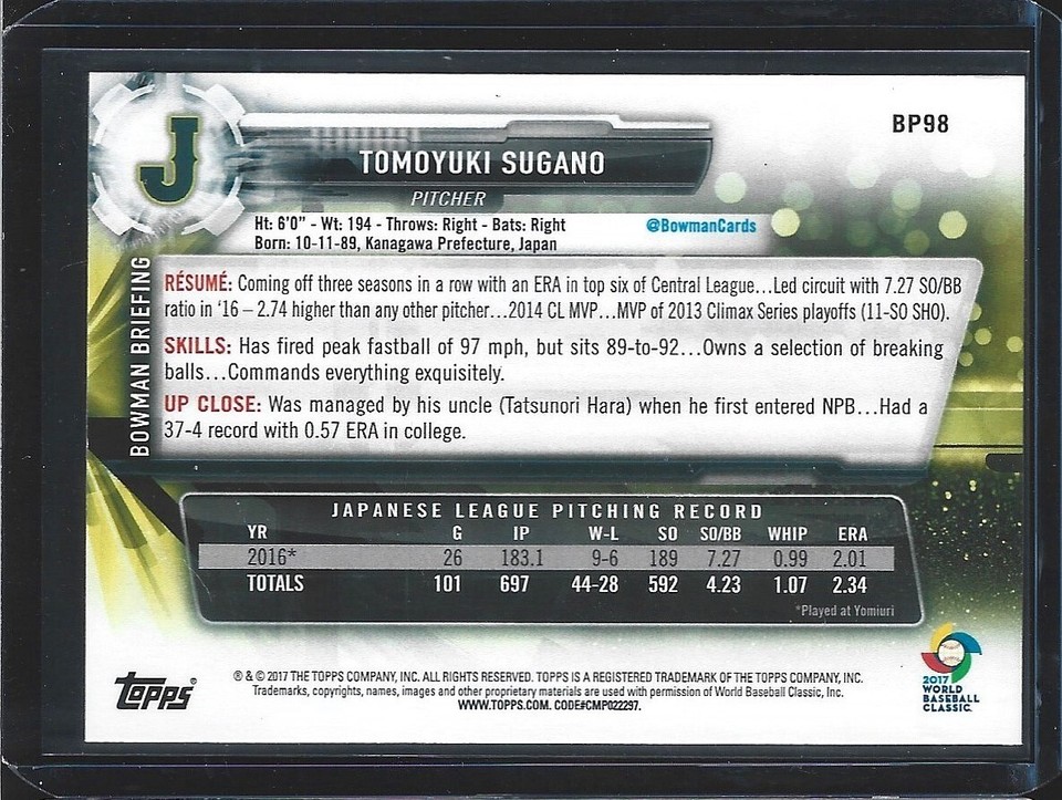 Tomoyuki Sugano - 2017 Bowman Prospects #BP98 - World Baseball Classic ...