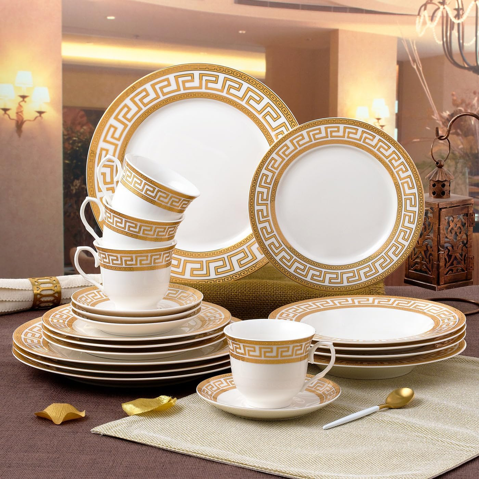 Luxury 57-Pc Gold Greek Key Dinnerware Set for 8 - Elegant Tableware | eBay