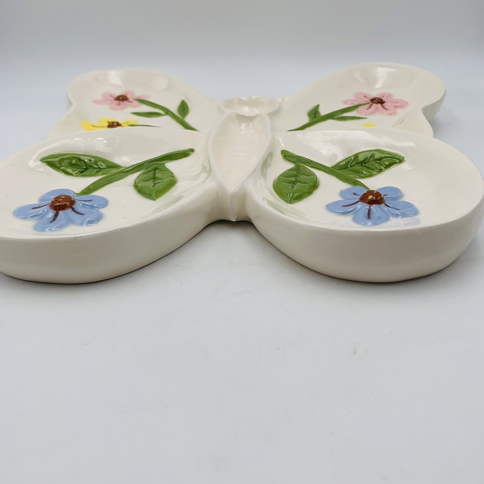 Butterfly Divided Dish Plate Platter Snack Tray Floral Ceramic Vintage ...