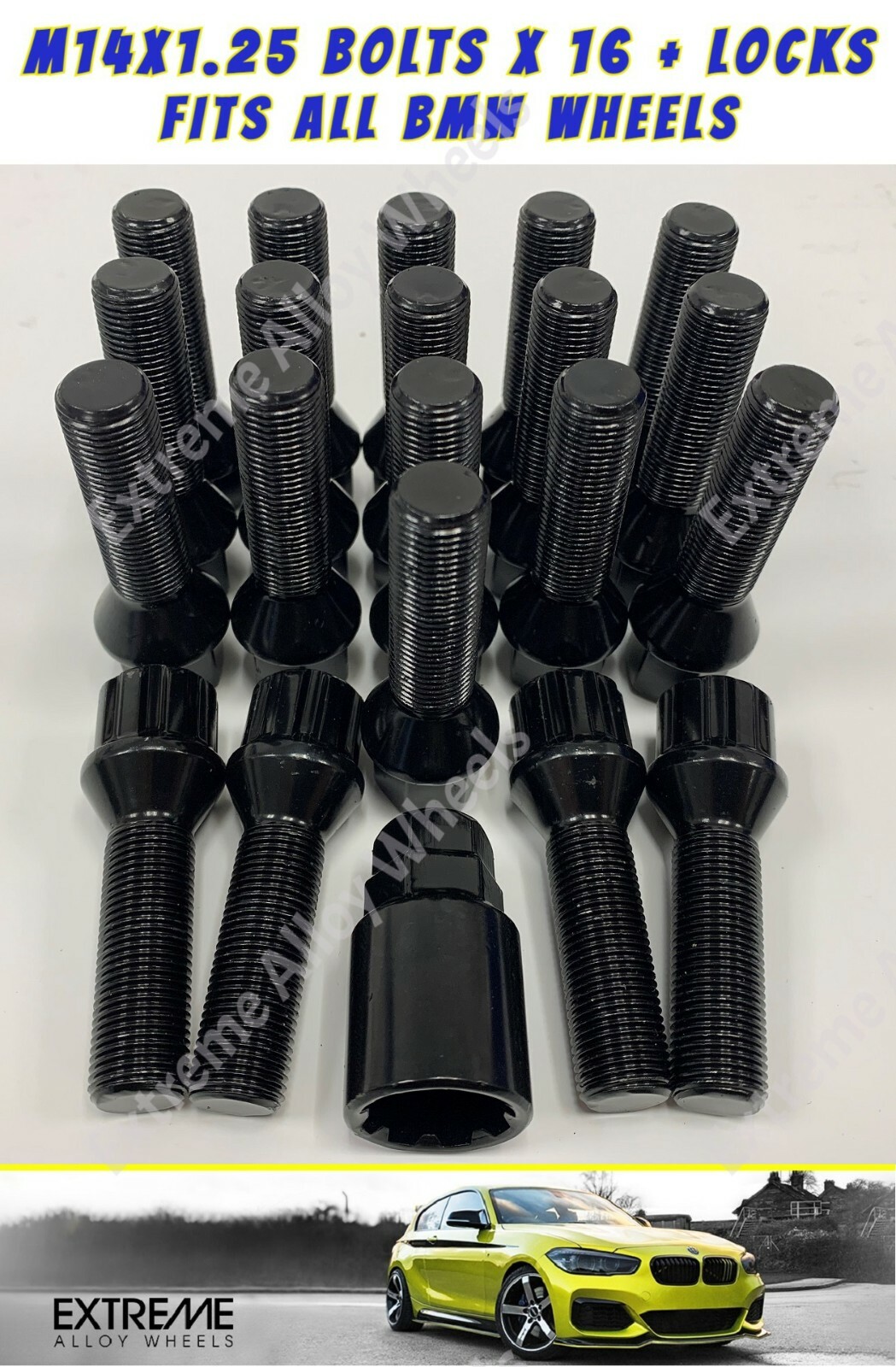 Black Alloy Wheel Bolts + Locks M14x1.25 40mm For Bmw X4 F26 X5 E70 F15 ...