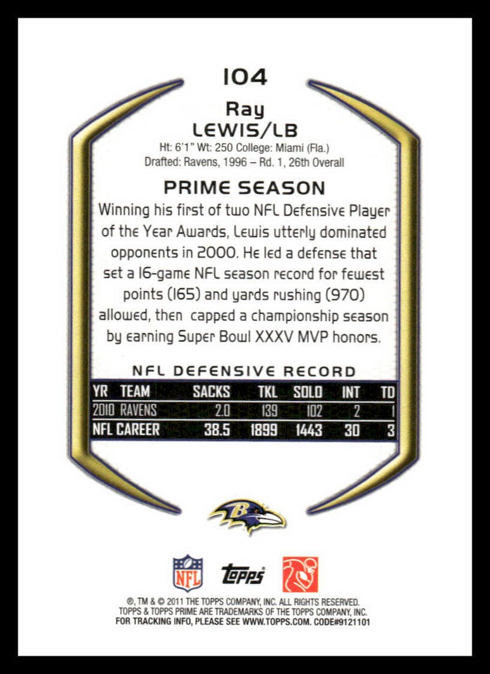 2011 Topps Prime Ray Lewis #104 Aqua | eBay
