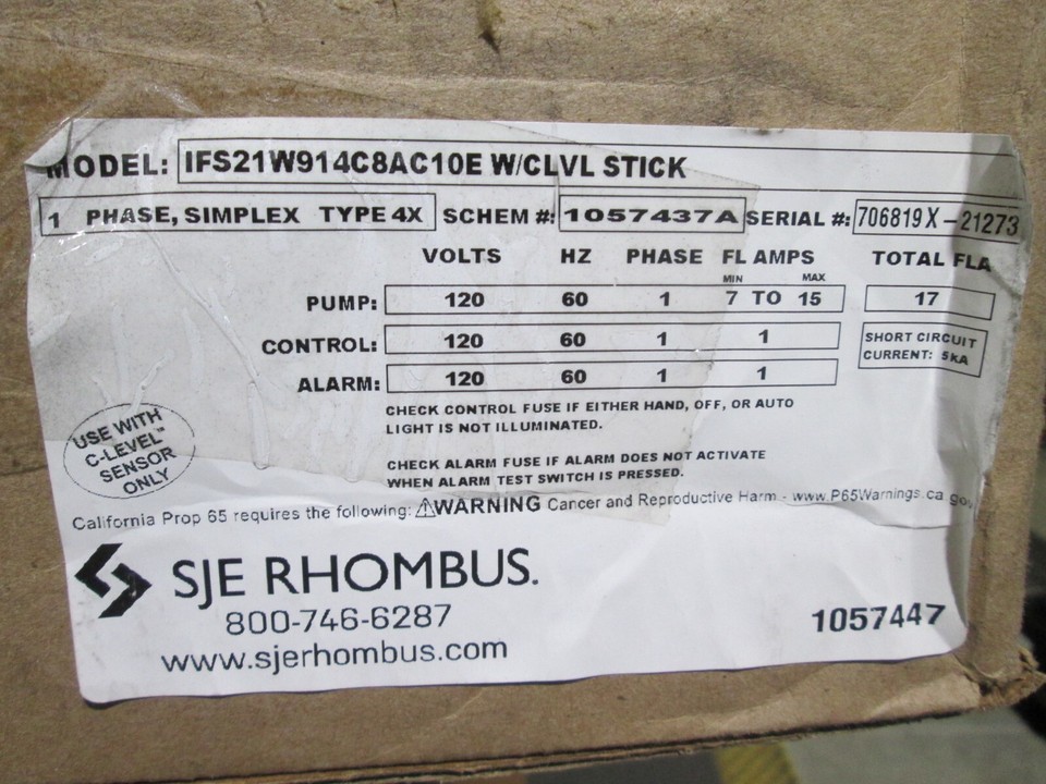 SJE Rhombus IFS21W914C8AC10E Simplex Pump Control Panel W/ C-Level CL40 ...