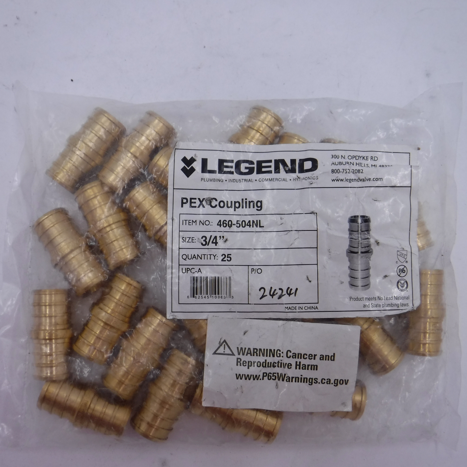 Bag Of 25: Legend 3/4" PEX Coupling No Lead/ DZR Forged Brass Fitting ...