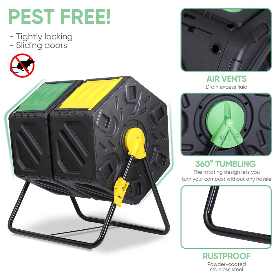 2X 37Gal Large Chamber Compost Tumbler Composter w/ 2 Sliding Doors 360 ...