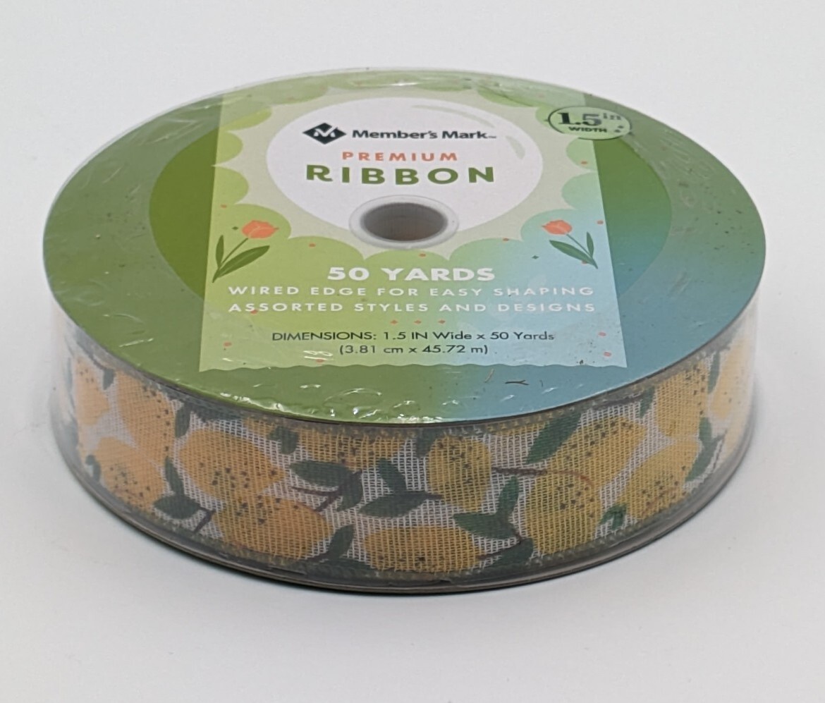 Member's Mark Premium Wired Ribbon 50 Yards 1-1/2 in Width, Lemon Print ...