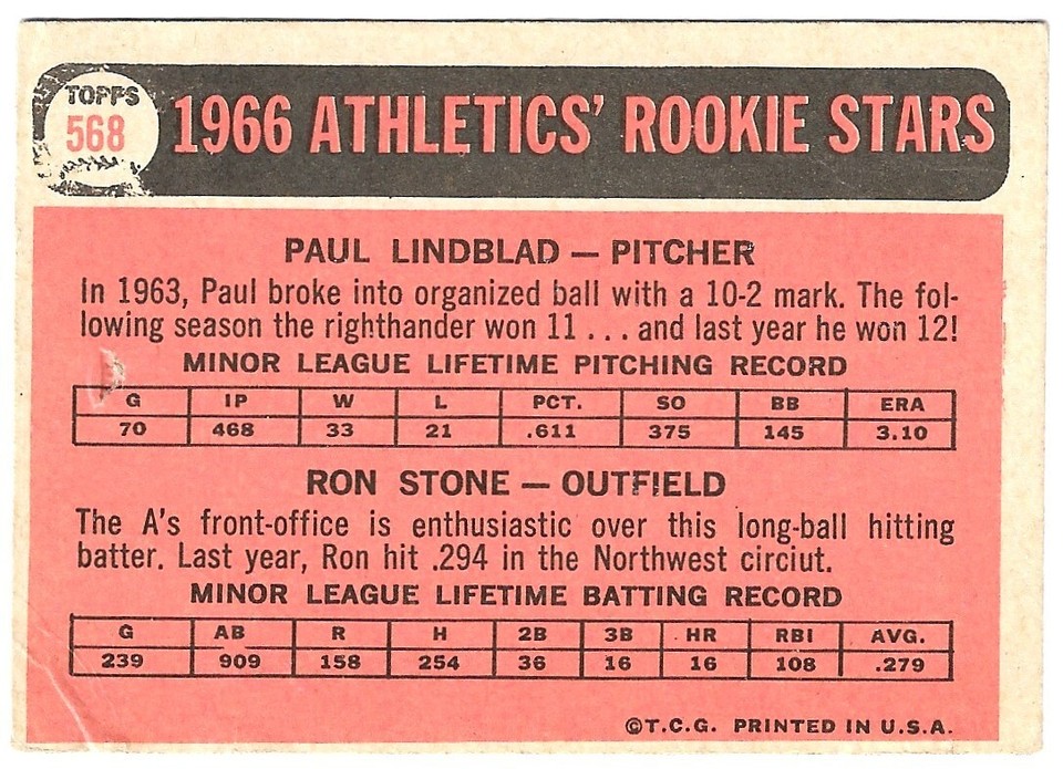 1966 TOPPS HI NUMBER #568 ATHLETICS ROOKIES LINDBLAD/STONE (F/GD) MK ...