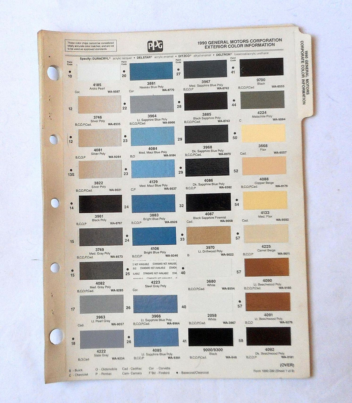 1990 BUICK CADILLAC CHEVROLET OLDS PONTIAC PPG COLOR PAINT CHIP CHART ...