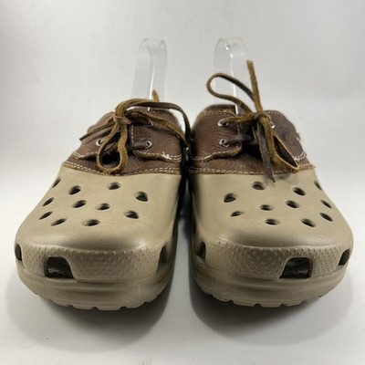 Crocs Islander Pit Crew Boat Shoes Mens Size 6 Brown Leather Upper