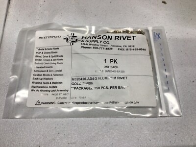 MS20426-AD4-3 Aluminum rivet, Gold finish - *Pack of 250* | eBay