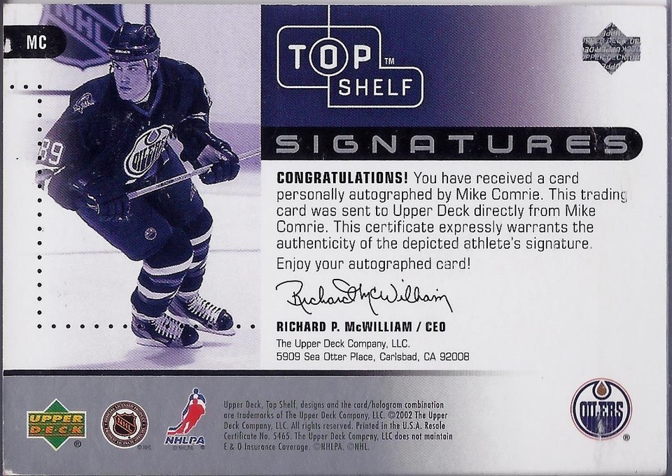 MIKE COMRIE 2002-03 UD Top Shelf Hockey Signatures AUTOGRAPH Card ...