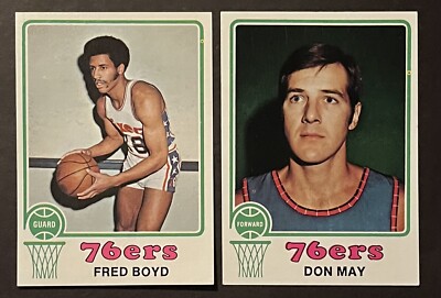 (2) 1973-74 TOPPS DON MAY #131 FRED BOYD #91 PHILADELPHIA 76ERS CREASES ...