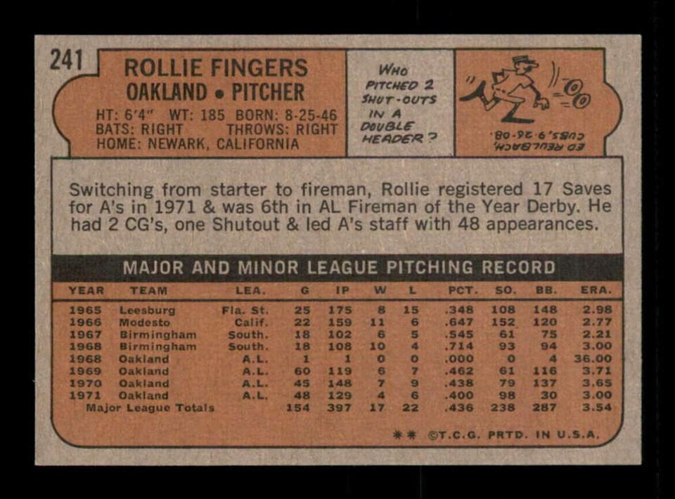 1972 Topps #241 Rollie Fingers NM+ X3563505 | eBay
